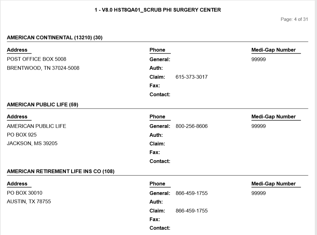 CT6010 – Payer Location List